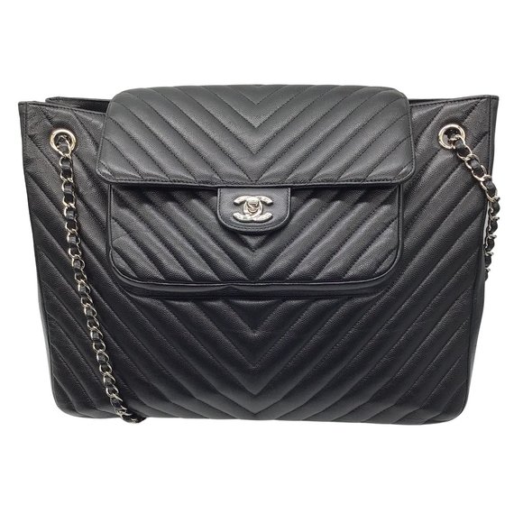 CHANEL | Bags | Chanel Black Quilted Chevron Caviar Leather Large ...